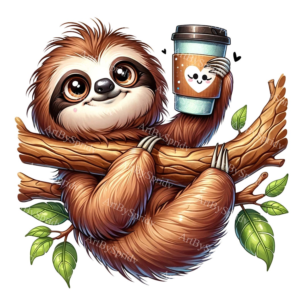Sloth Clipart With Coffee Tumbler PNG, Cute Tree-hanging Sloth Digital ...