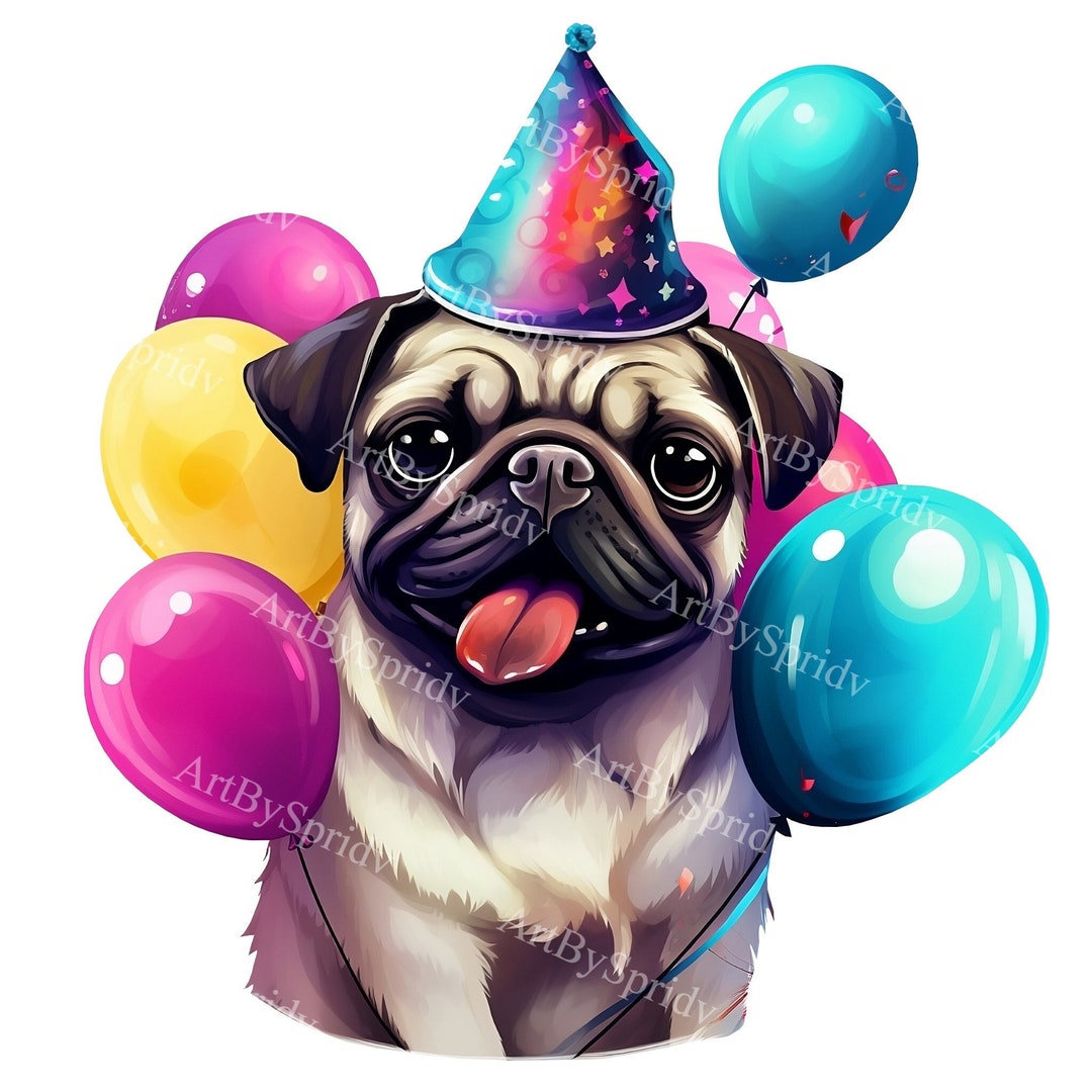 Cute Pug With Party Hat&balloons Transparent PNG Clipart,kids/adult ...