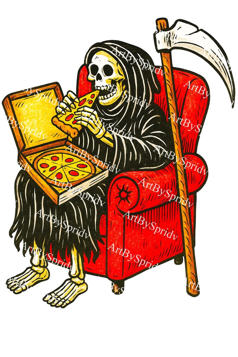 Grim Reaper Eating Pizza Clipart – Funny Skeleton PNG, Dark Humor Grim ...