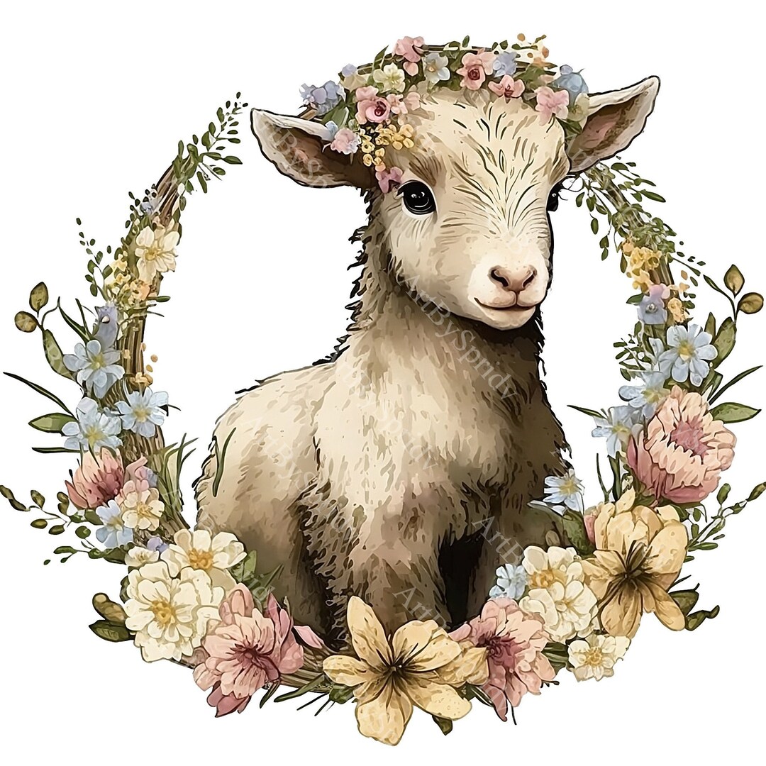 Watercolor Baby Goat Clipart With Floral Crown - Digital Download, Cute ...
