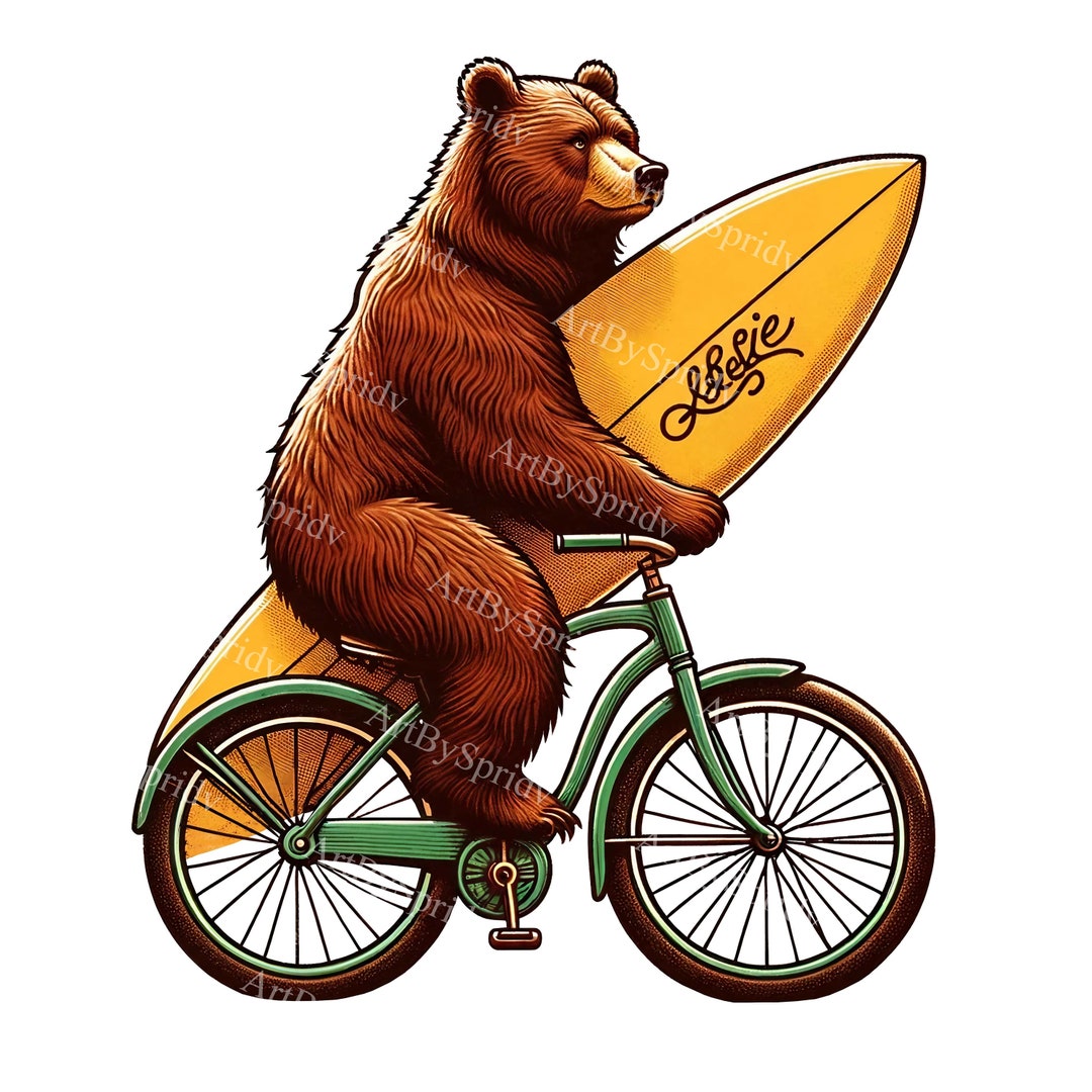 Unique Bear on Bicycle Digital Clipart With Surfboard - Printable ...