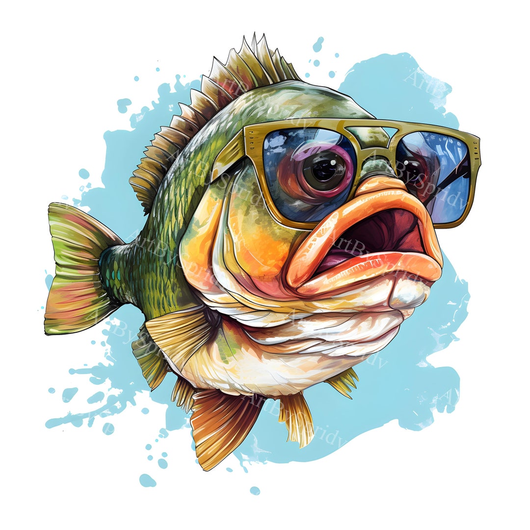 Watercolor Cool Bass Fish With Sunglasses Clip Art - Printable T Shirt ...