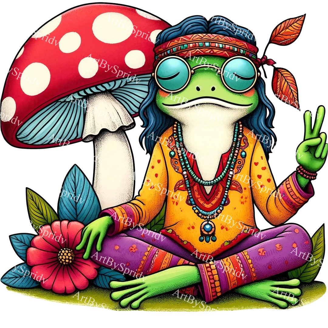 Whimsical Hippie Frog Clipart-retro Boho Meditating Frog With Peace ...