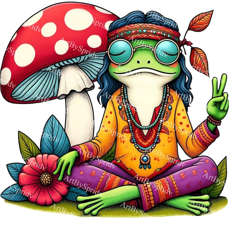 Whimsical Hippie Frog Clipart-retro Boho Meditating Frog With Peace ...