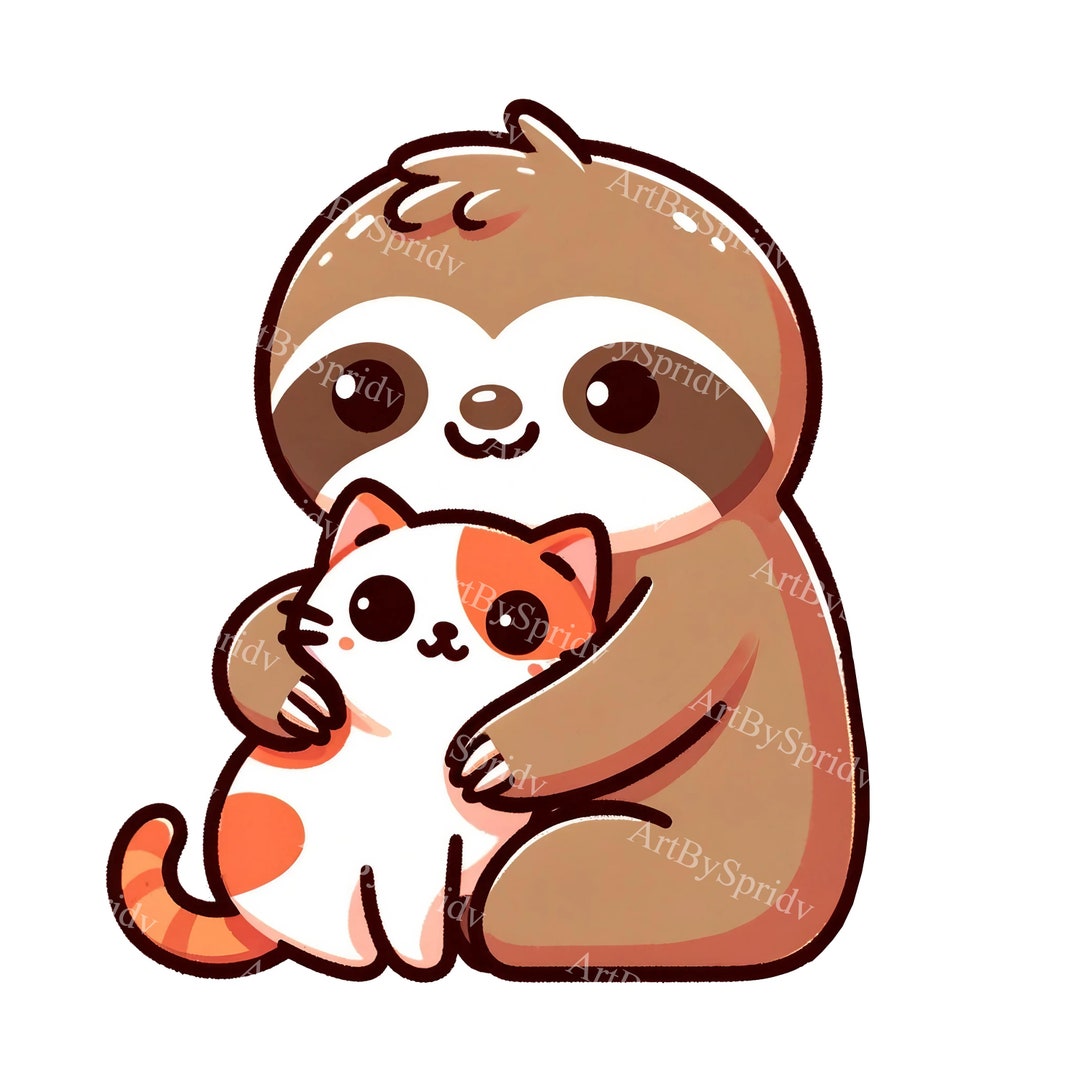 Sloth Hugs Cat Digital Clipart - Cute Animal Friends PNG for ...