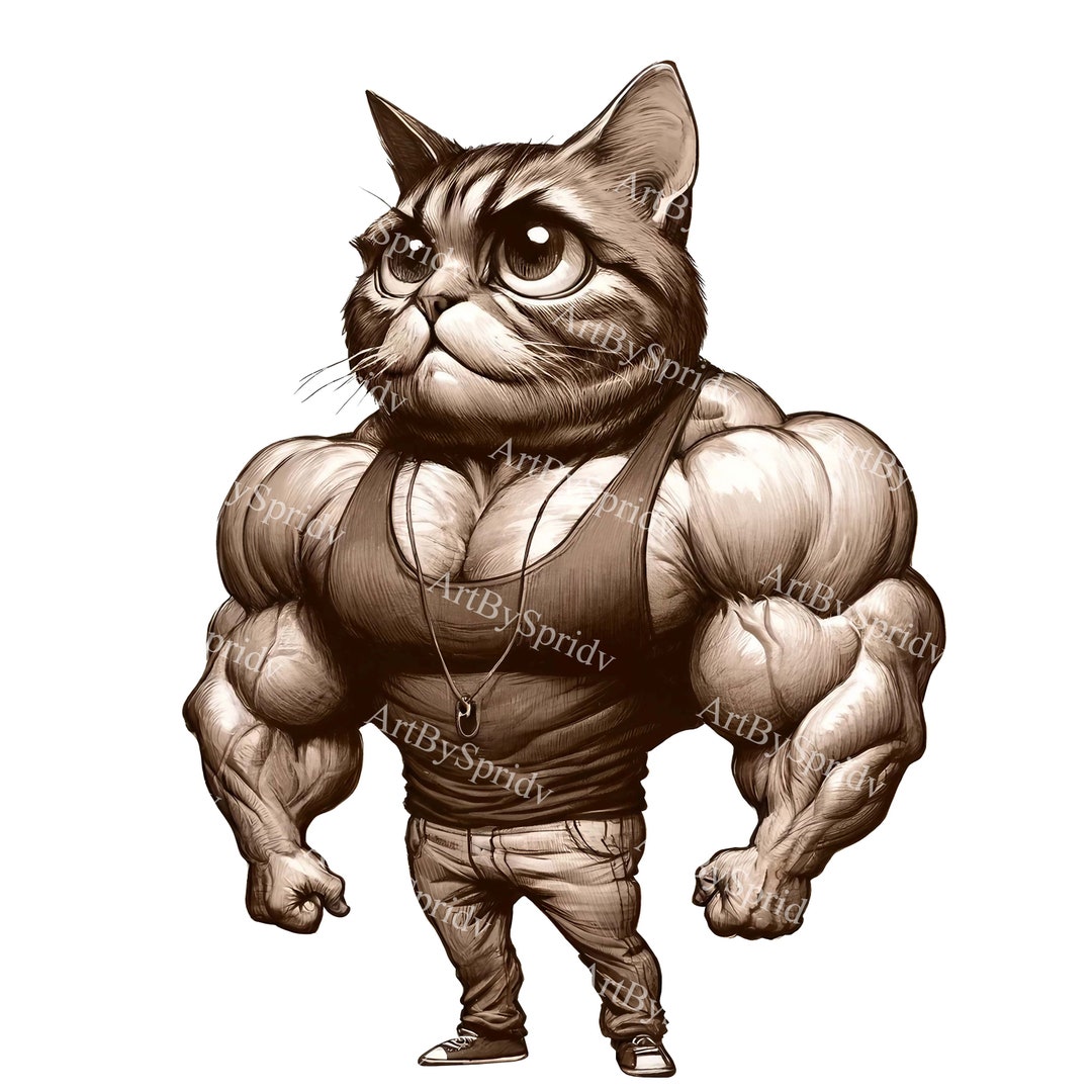 Muscular Cat Clipart - Bodybuilding Feline PNG, Quirky Pet Art, Digital ...