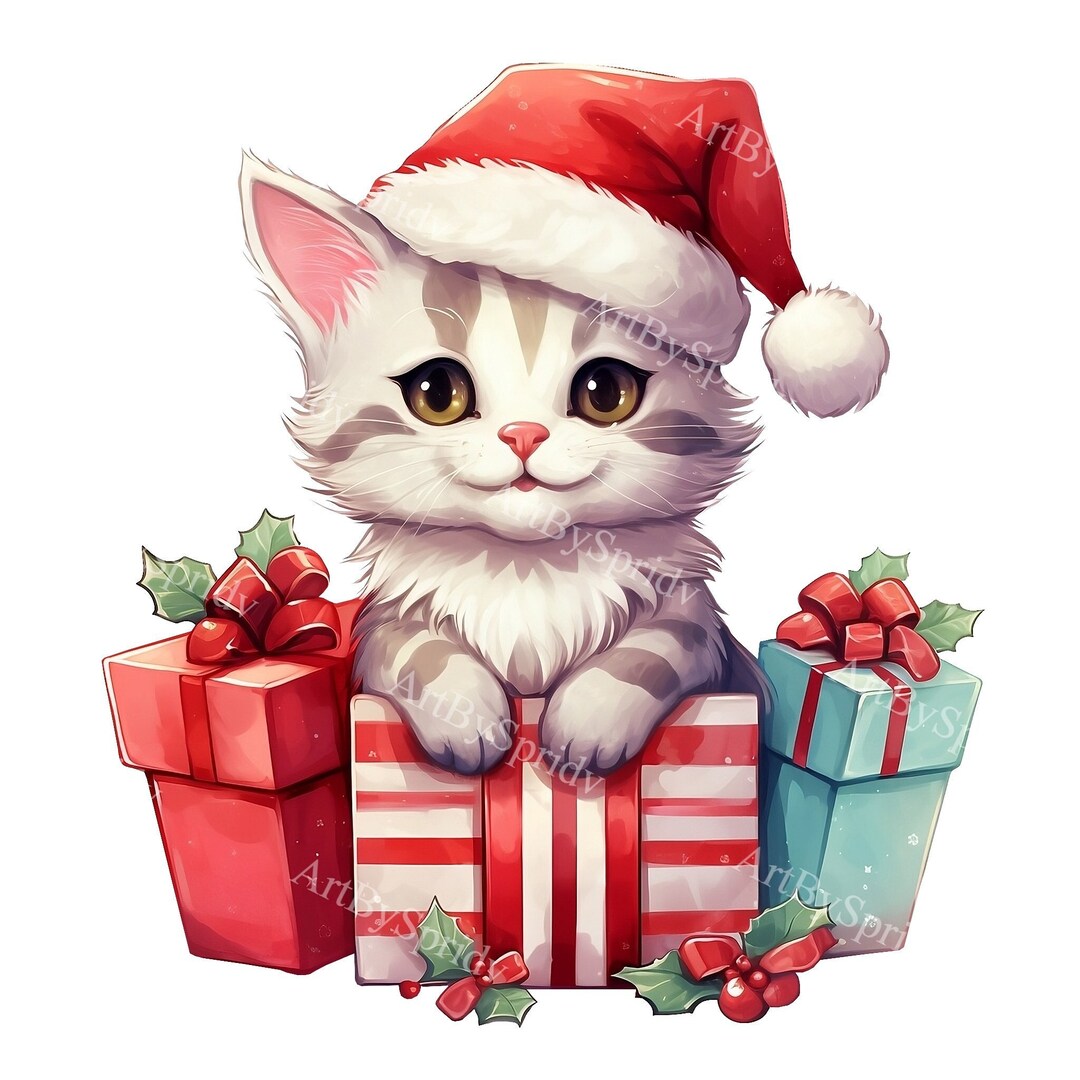 Christmas Cat Clipart PNG, Cute Santa Kitten Digital Art, Holiday Cat ...