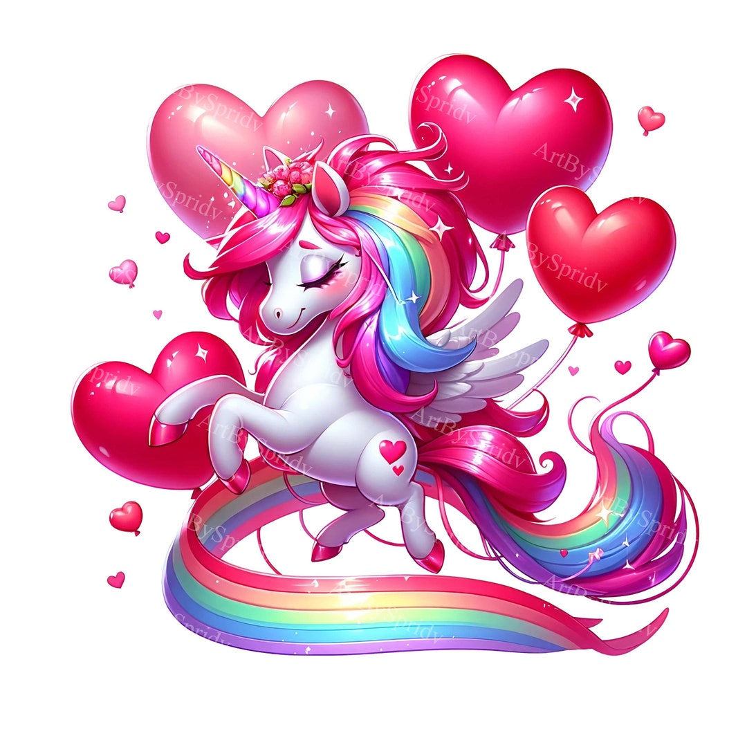 Valentine's Day Unicorn Clipart - Heart Balloons Cartoon PNG, Digital ...