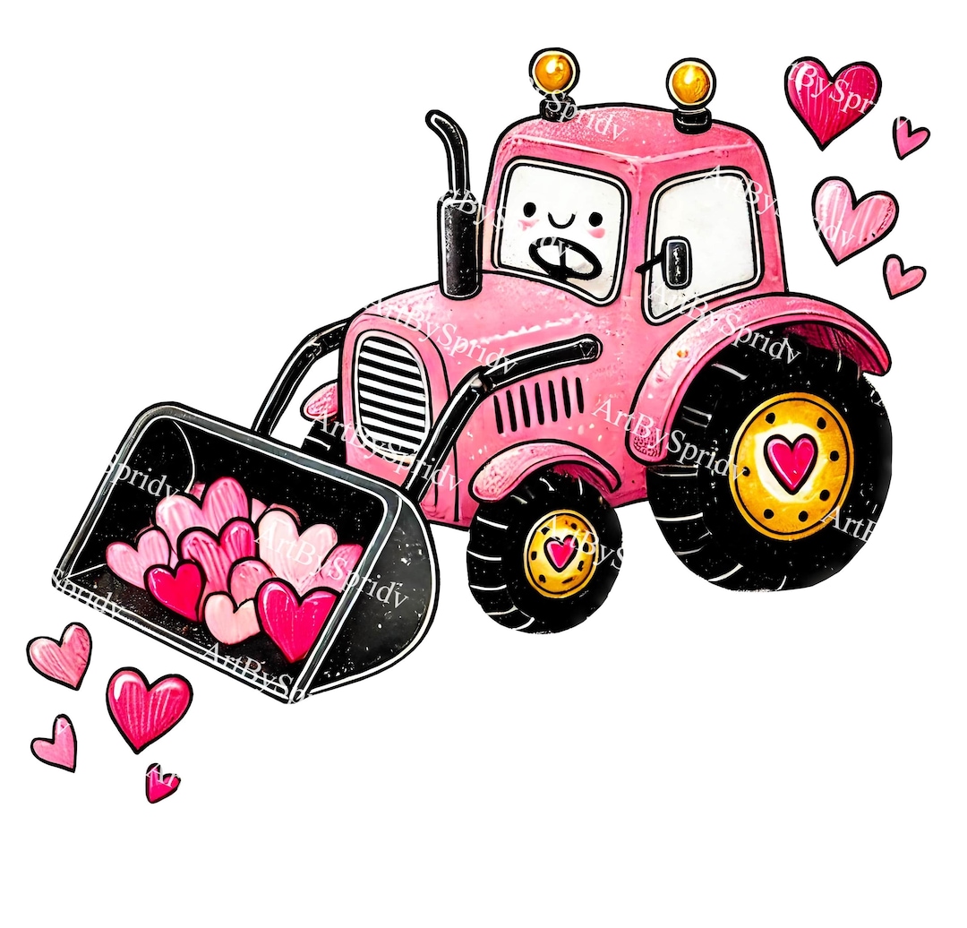 Cute Pink Tractor With Hearts Clipart, Kawaii Valentine’s Day Farm ...