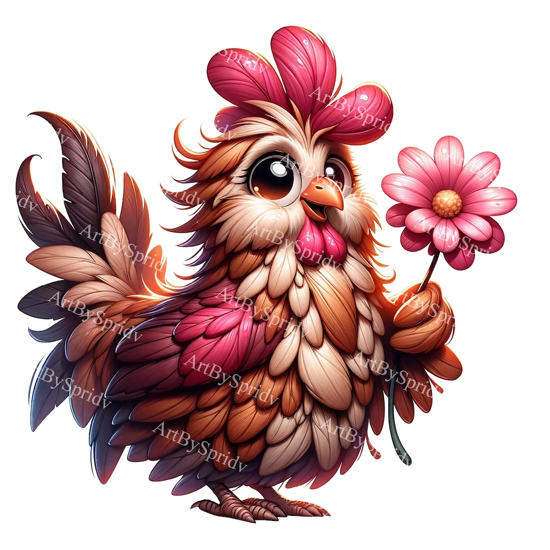 Adorable Rustic Chicken With Flower Clipart - Cute Farm Animal Digital ...