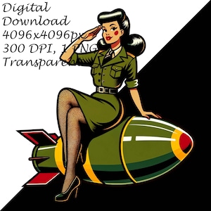 Vintage Pin-up Woman Seated on Bomb Illustration, Military Chic Art ...