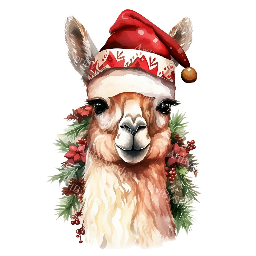 Christmas Llama Clipart PNG With Santa Hat & Festive Greenery, Holiday ...