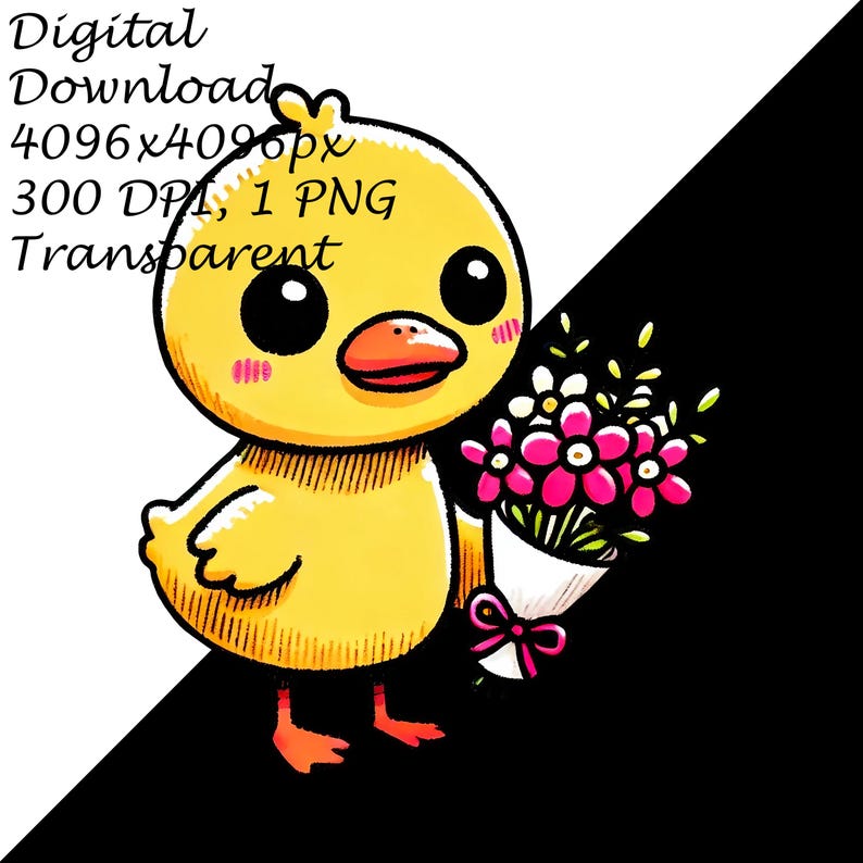 Duck With Bouquet PNG Clipart, Cute Kawaii Duckling Holding Flowers ...