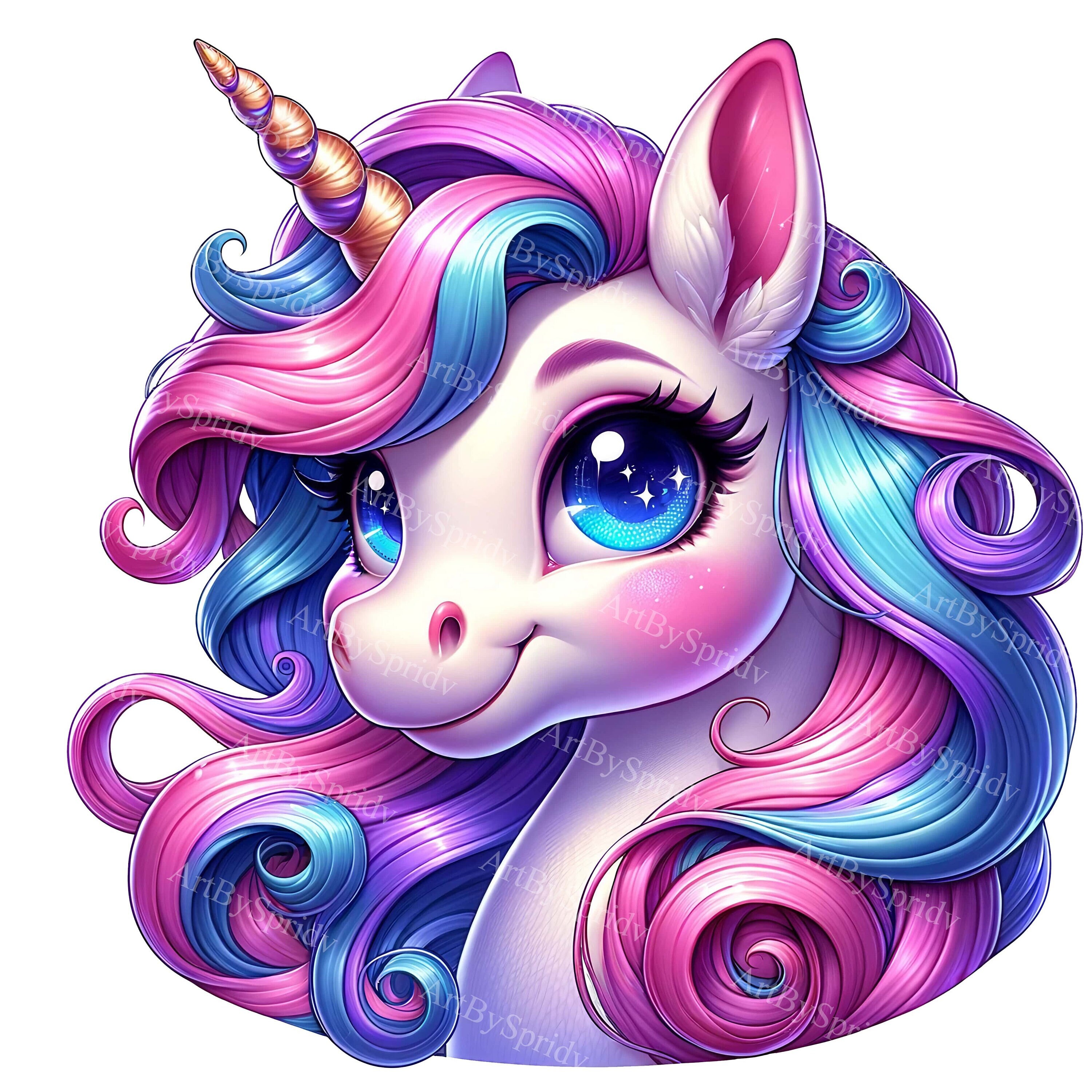 Colorful Unicorn Clipart - Large Blue Eyes, Sweet Smile - Digital PNG ...