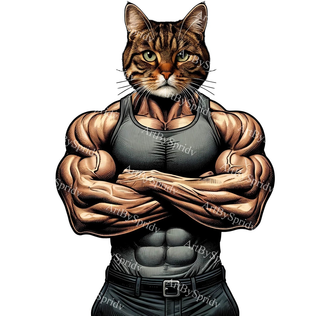 Muscular Feline Superhero Clipart Powerful Cat Arms Crossed Png,digital ...