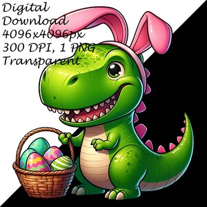 Easter T-rex Dinosaur Clipart With Bunny Ears & Eggs Basket - Digital ...