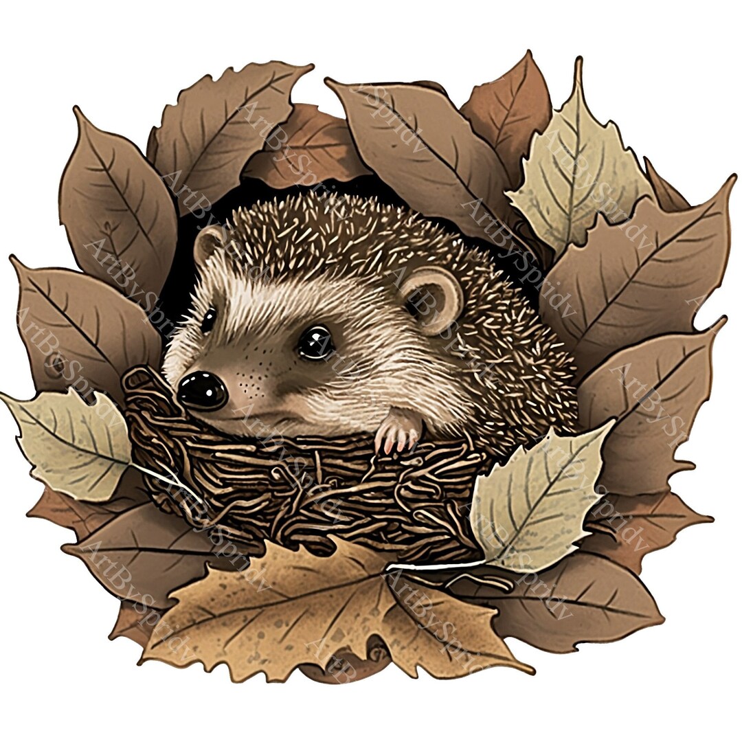 Autumn Hedgehog Clipart With Leaves and Nest | Cozy Woodland Animal PNG ...
