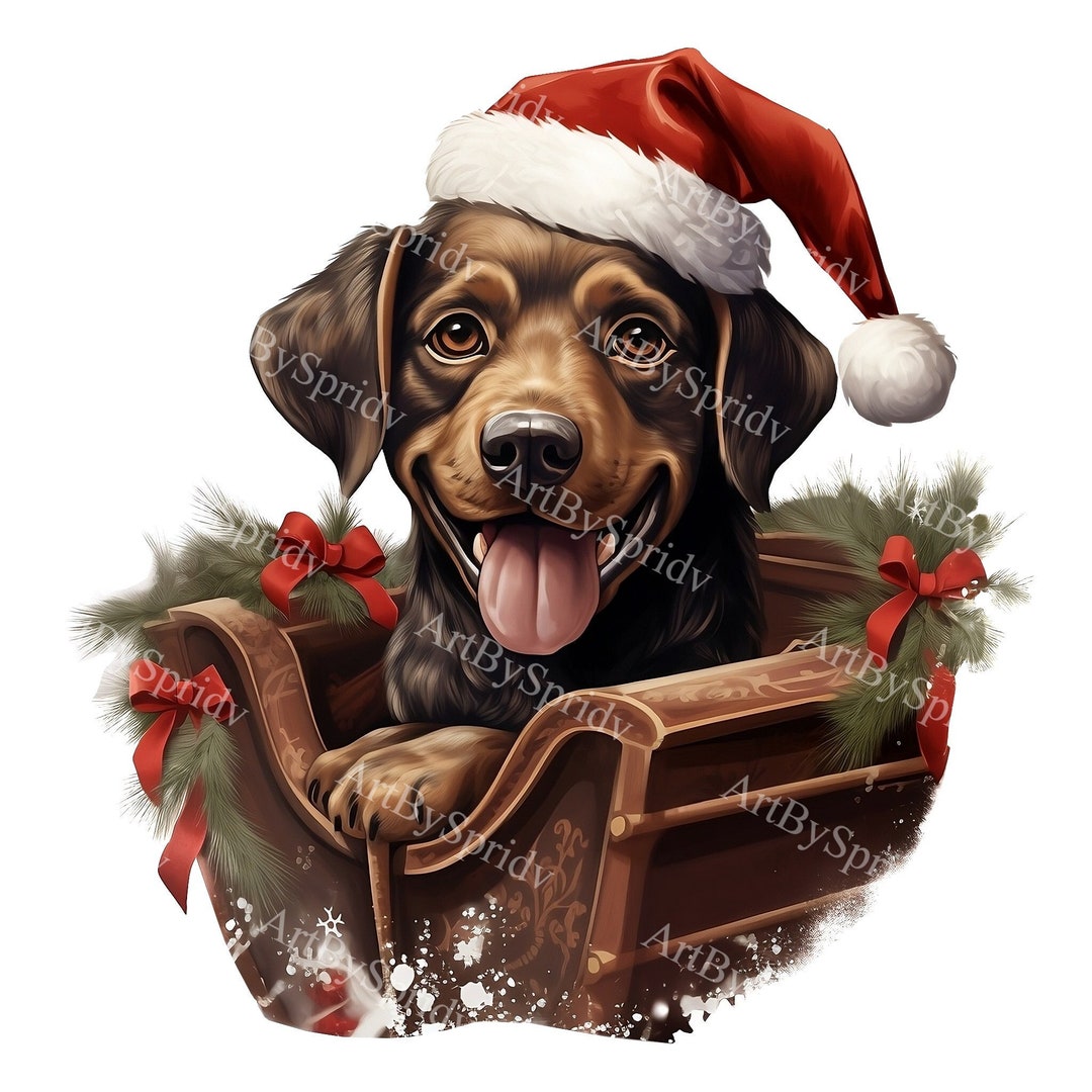 Festive Dog in Sleigh Clipart, Christmas Puppy With Santa Hat PNG ...