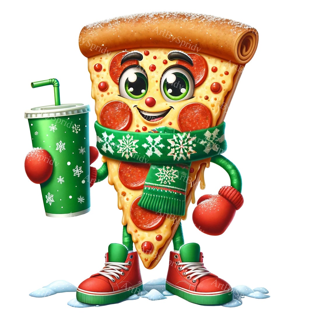 Christmas Pizza Clipart - Cartoon Character PNG for DTG, T-shirt, Mug ...