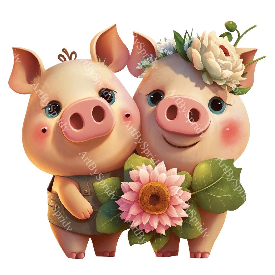 Pigs With Flowers PNG Floral Farm Animal Transparent Clipart - Etsy