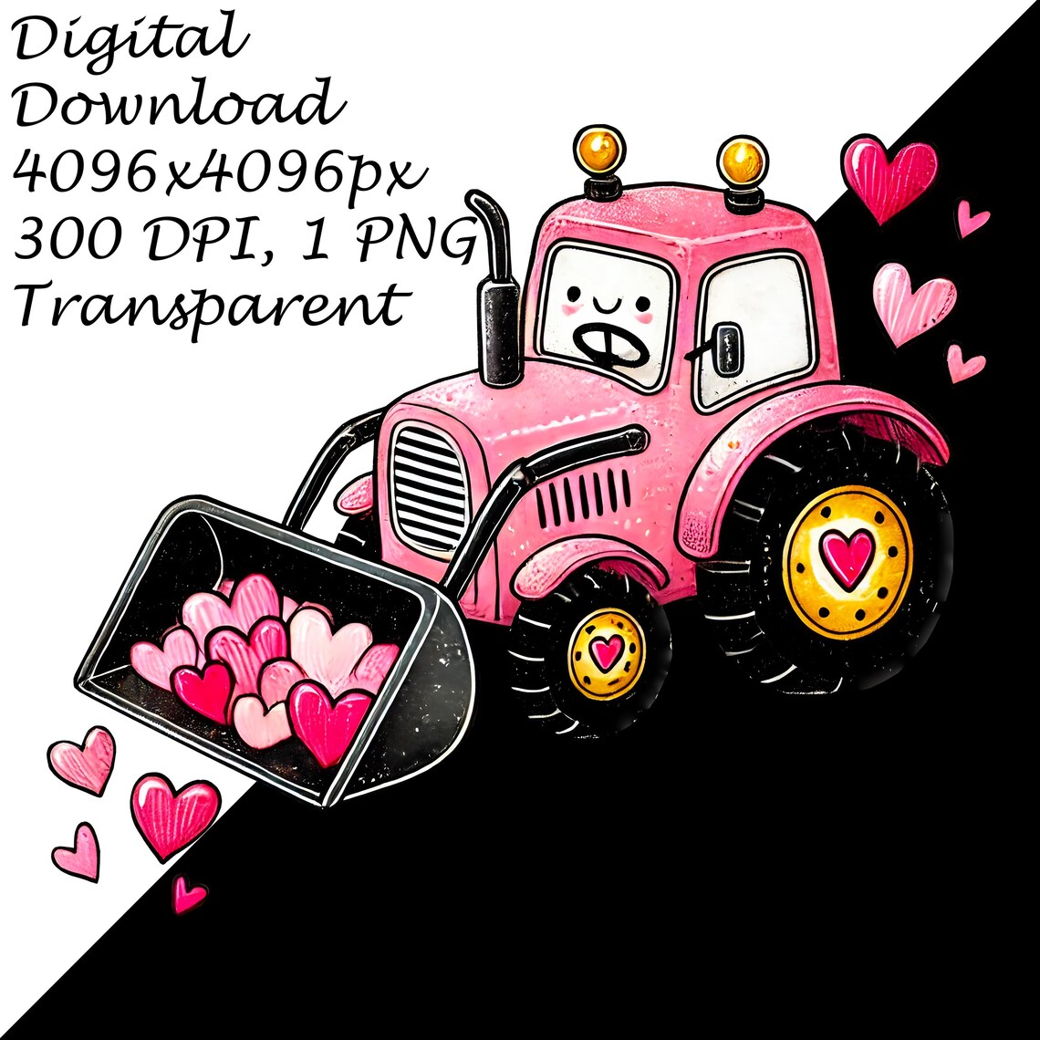 Cute Pink Tractor With Hearts Clipart, Kawaii Valentine’s Day Farm ...
