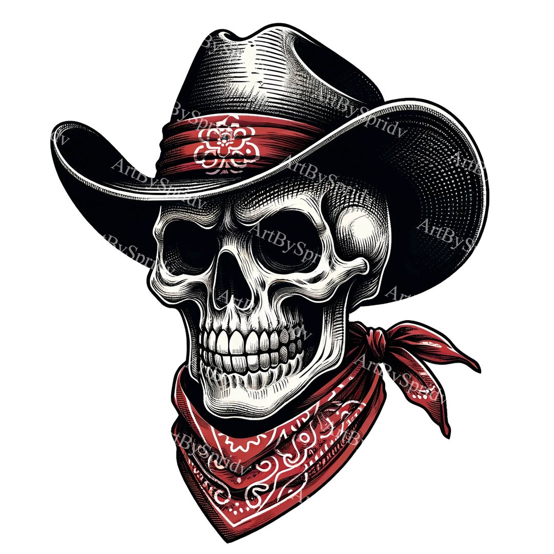 Wicked Western Skull Clipart: Cowboy Hat & Red Bandana - Digital PNG for Sublimation, DIY ...