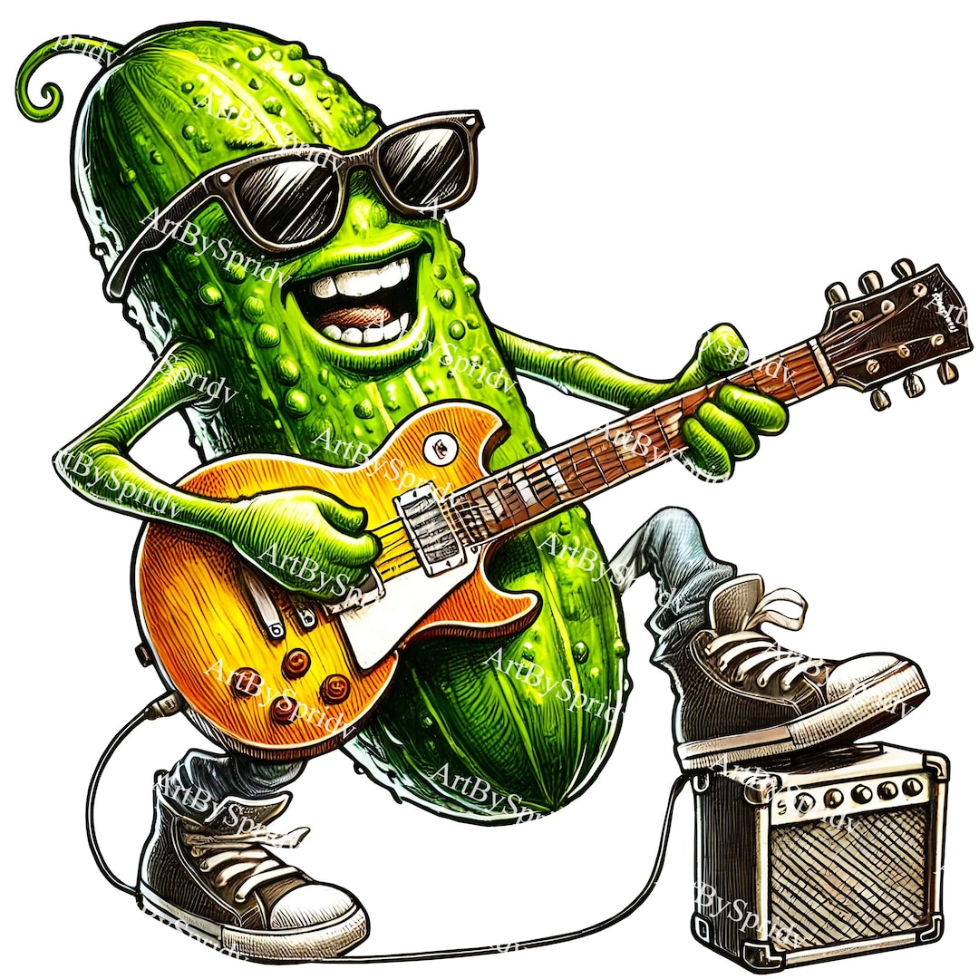 Cool Rock Star Pickle Clipart - Funny Cucumber Guitarist Png-retro ...