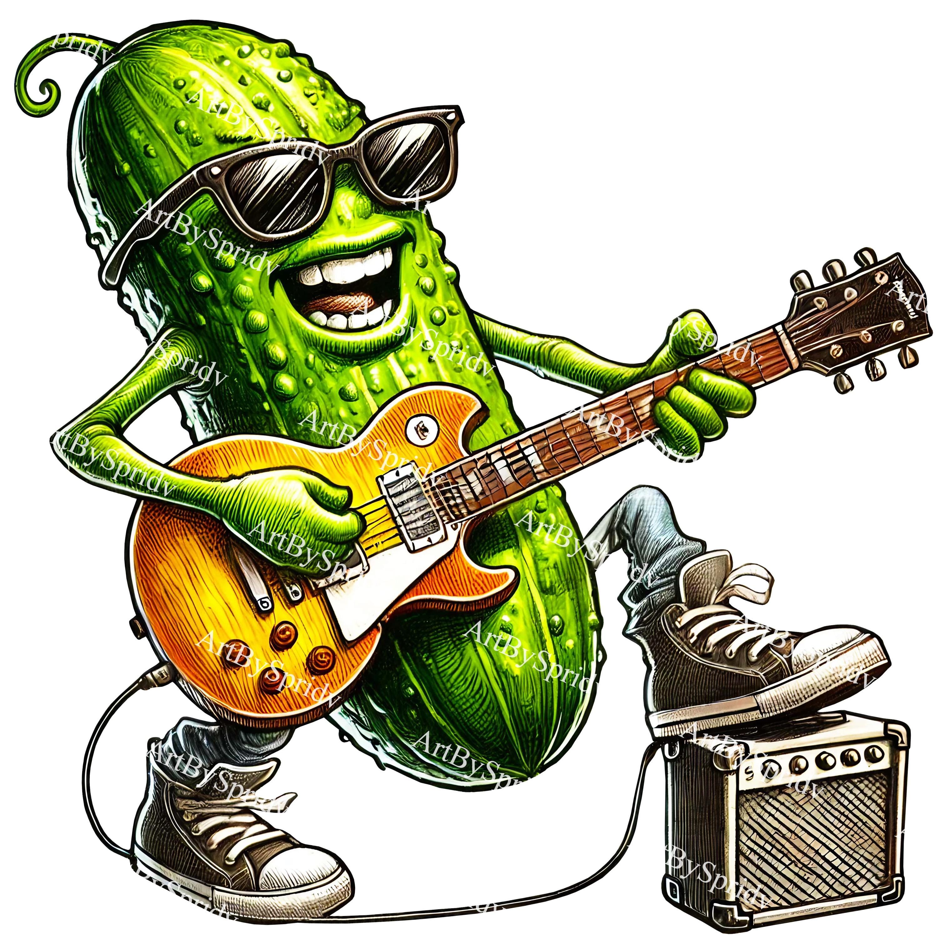 Cool Rock Star Pickle Clipart - Funny Cucumber Guitarist Png-retro ...