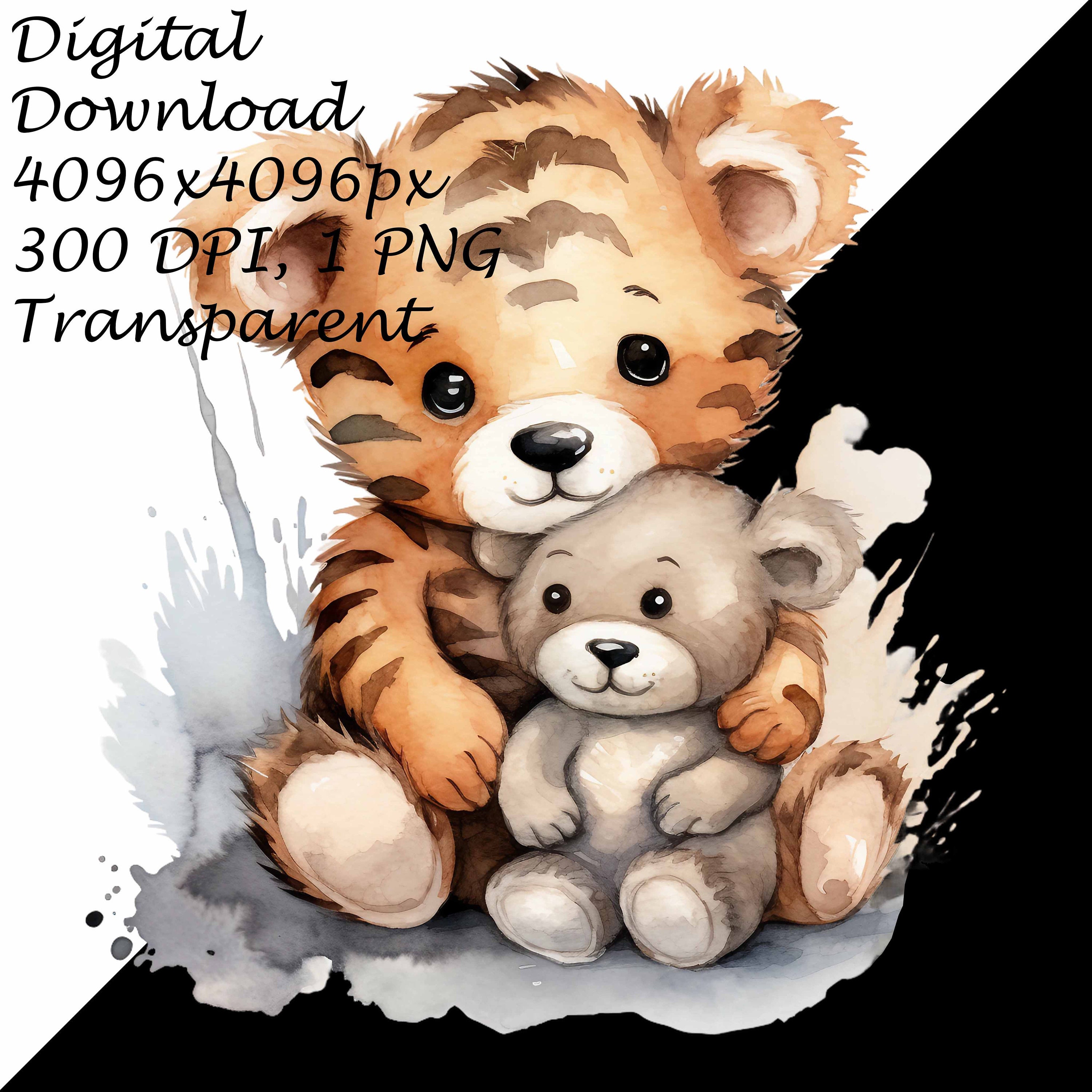 Watercolor Teddy Bear&baby Tiger Sharing A Hug-transparent 4 PNG ...