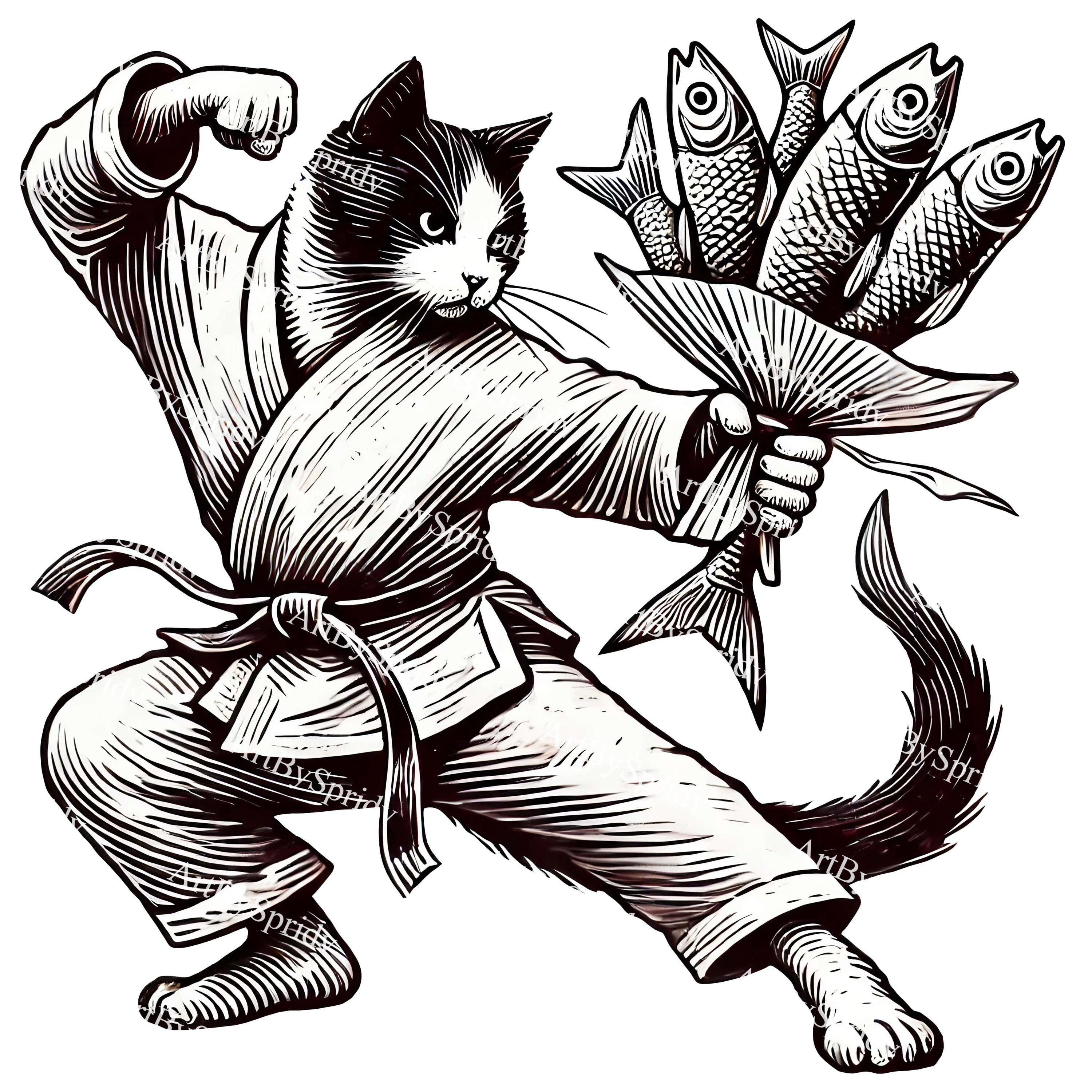 Karate Cat PNG, Martial Arts Cat Illustration, Funny Samurai Cat With ...