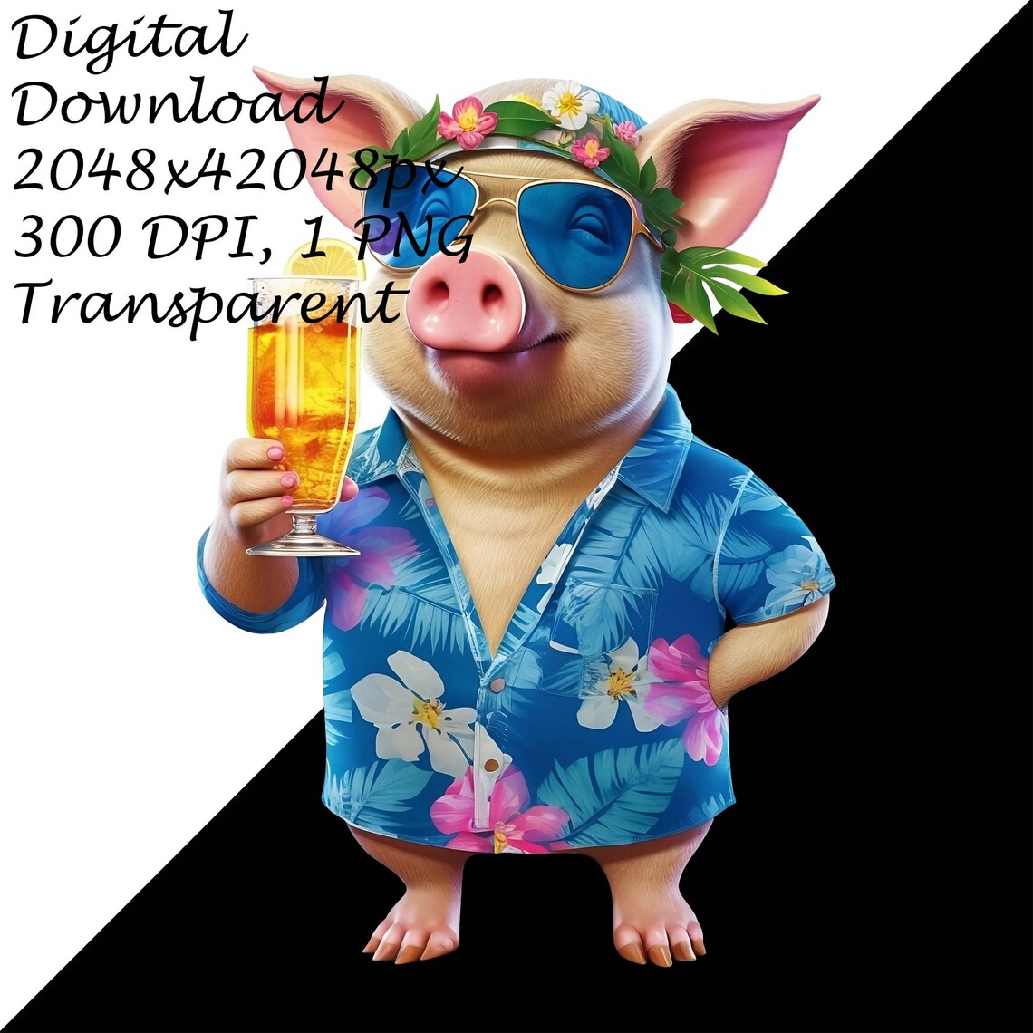 Tropical Pig PNG Clipart, Hawaiian Shirt Animal Illustration, Beach ...
