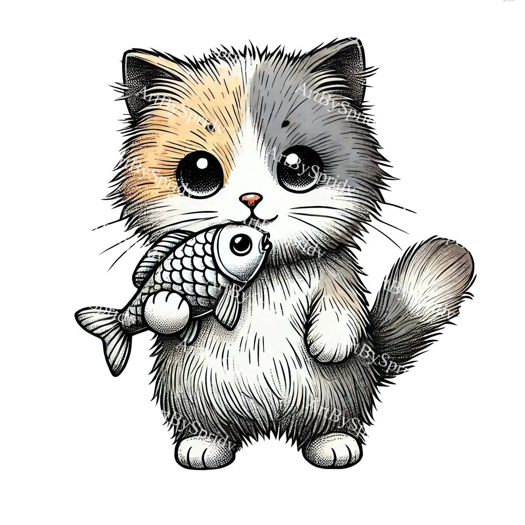Calico Kitten With Fish Transparent PNG Clipart, Cute Cat Digital ...