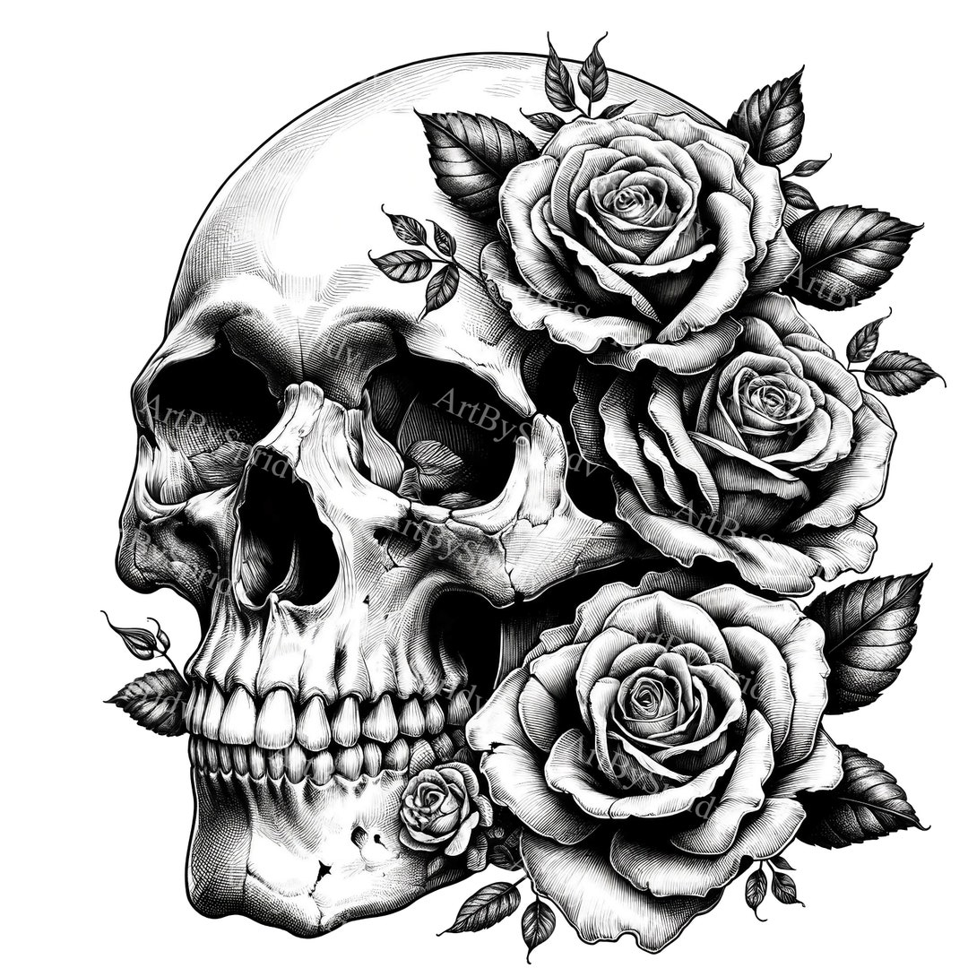 Digital Skull & Roses Clipart | Gothic Floral PNG Sublimation | Tattoo ...