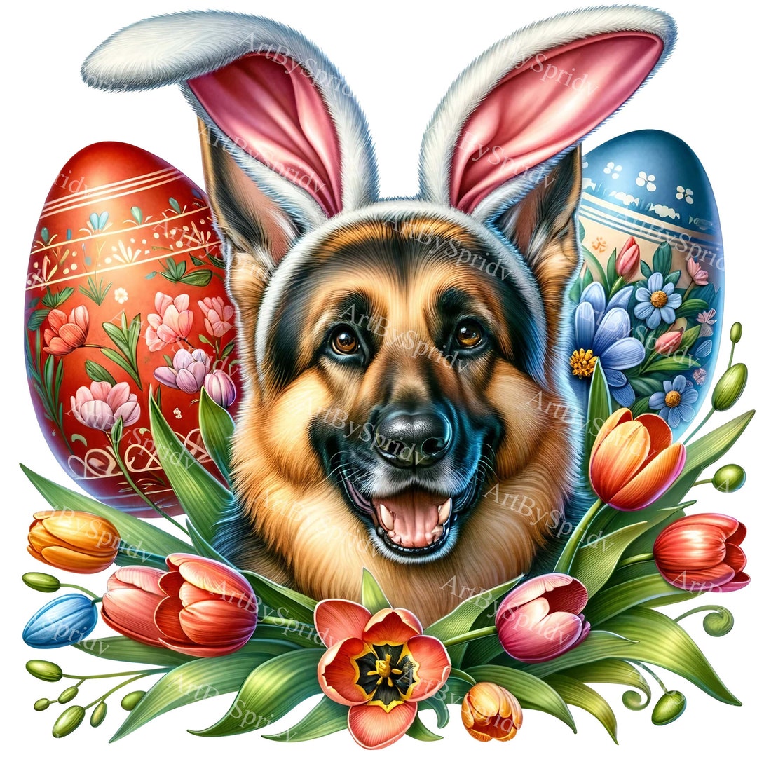 Easter German Shepherd Digital Clipart, Floral Dog Sublimation Png ...