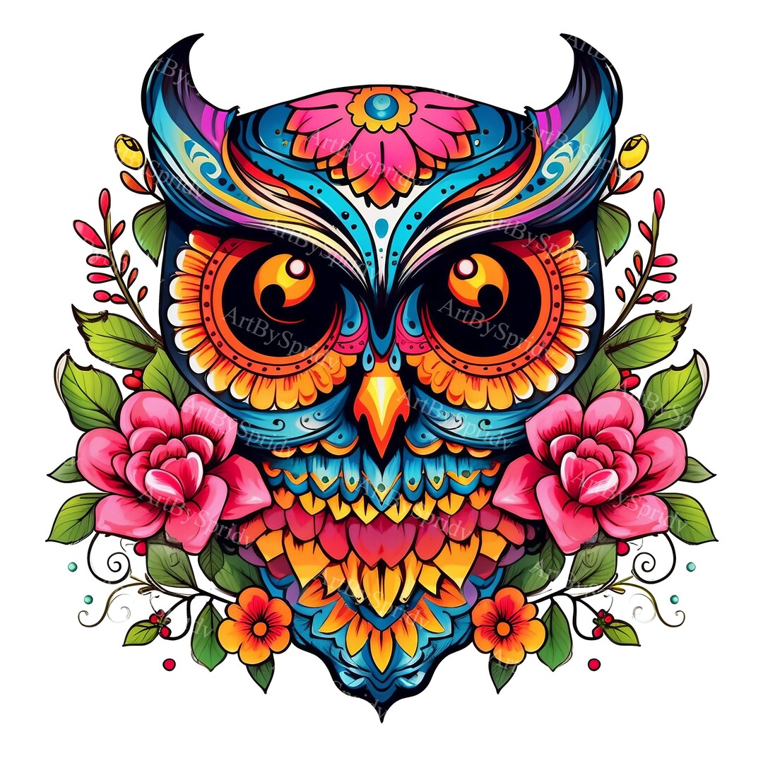 Colorful Sugar Skull Owl Clipart | Floral Day of the Dead Digital Art ...
