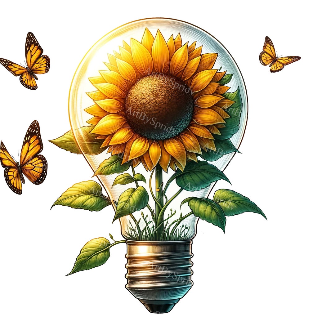 Sunflower in Light Bulb PNG Clipart With Butterfly - Digital Art for ...
