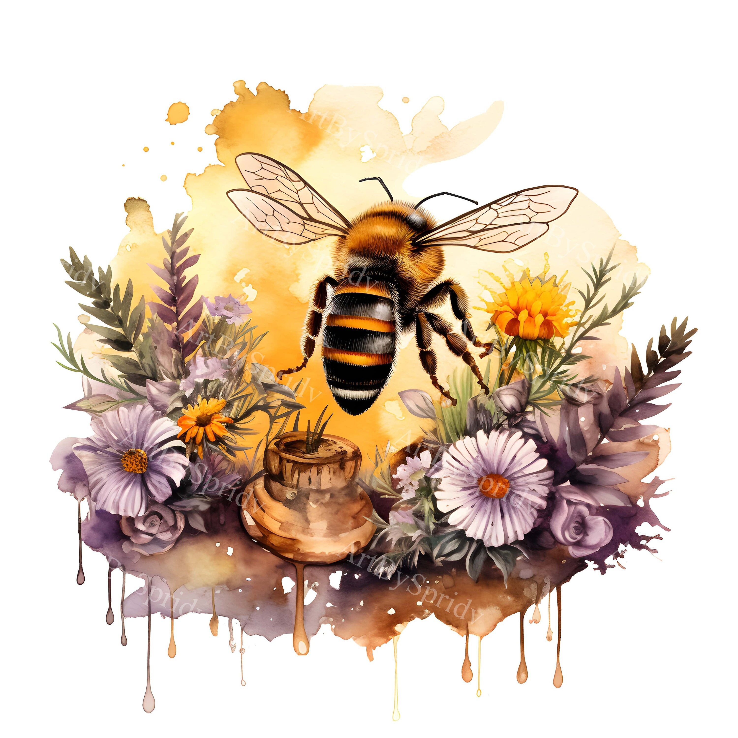 Watercolor Honey Bee Wildflowers & Rustic Beehive PNG Clipart - Etsy