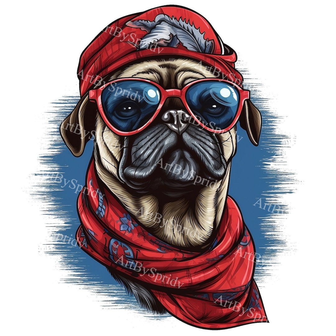 Trendy Pug Dog Clipart With Sunglasses & Red Bandana, Cool Hipster Dog ...