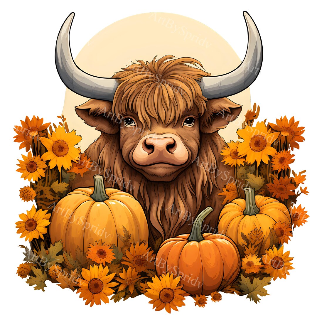 Autumn Highland Cow Clipart - Rustic Fall Pumpkin & Sunflower PNG ...