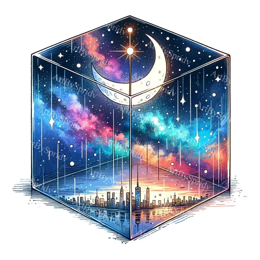 Cosmic Night Sky Digital Art - Crescent Moon & Starry Cityscape ...