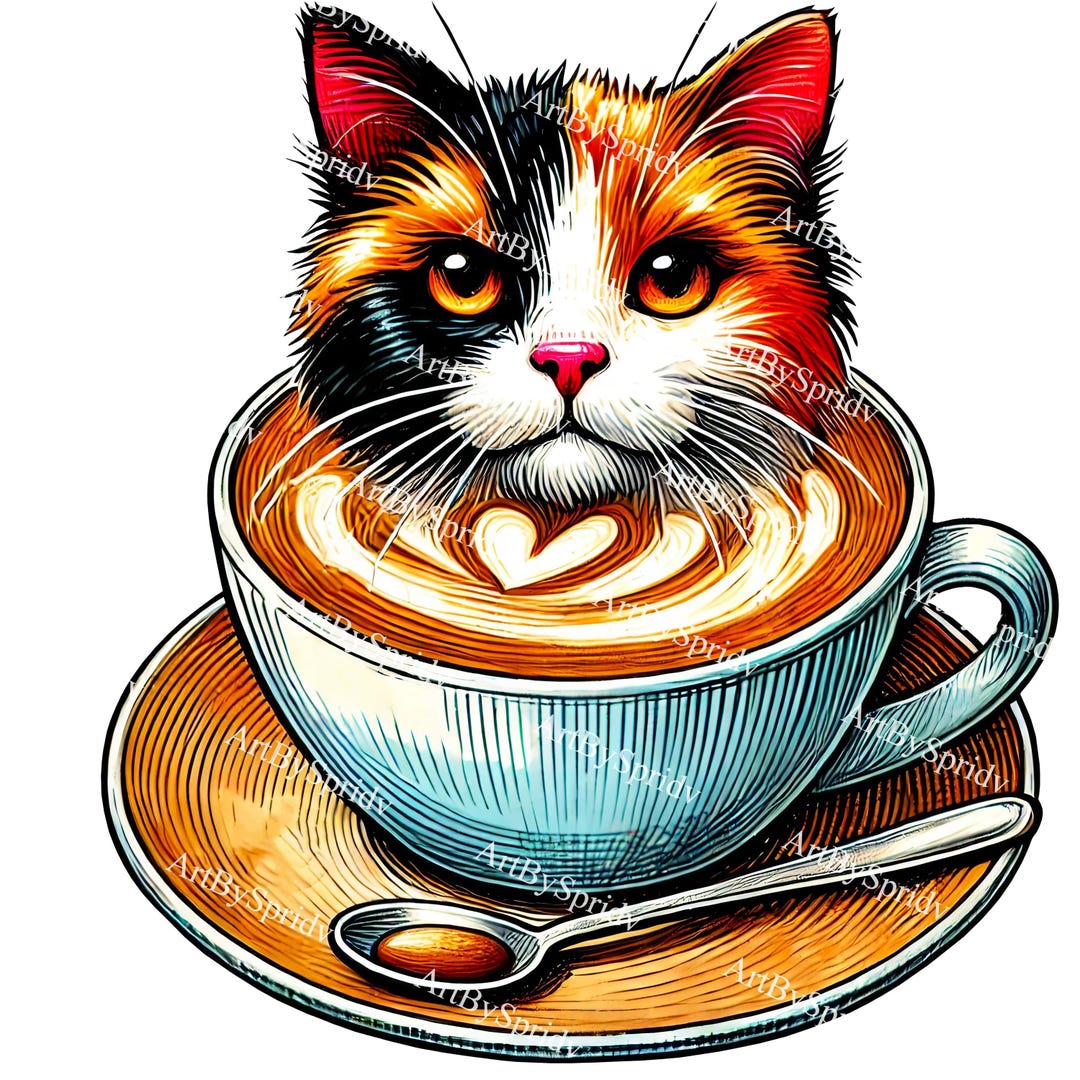 Cute Cat Coffee PNG | Funny Latte Art Cat Clipart | Kawaii Coffee Lover ...