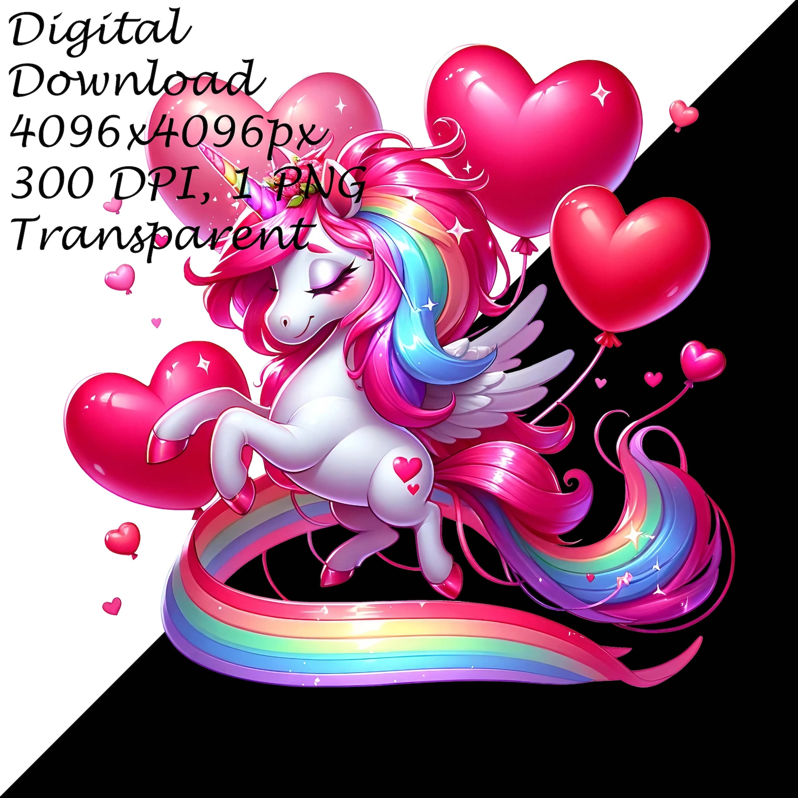 Valentine's Day Unicorn Clipart - Heart Balloons Cartoon PNG, Digital ...