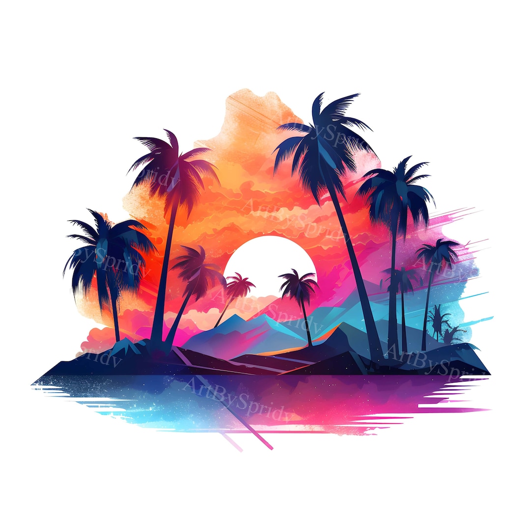Abstract Sunset Palm Trees Beach Transparent PNG Clipart for ...