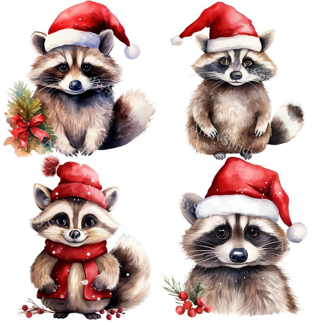 4 Pack Watercolor Raccoon With Christmas Santa Hat & Tree Transparent ...