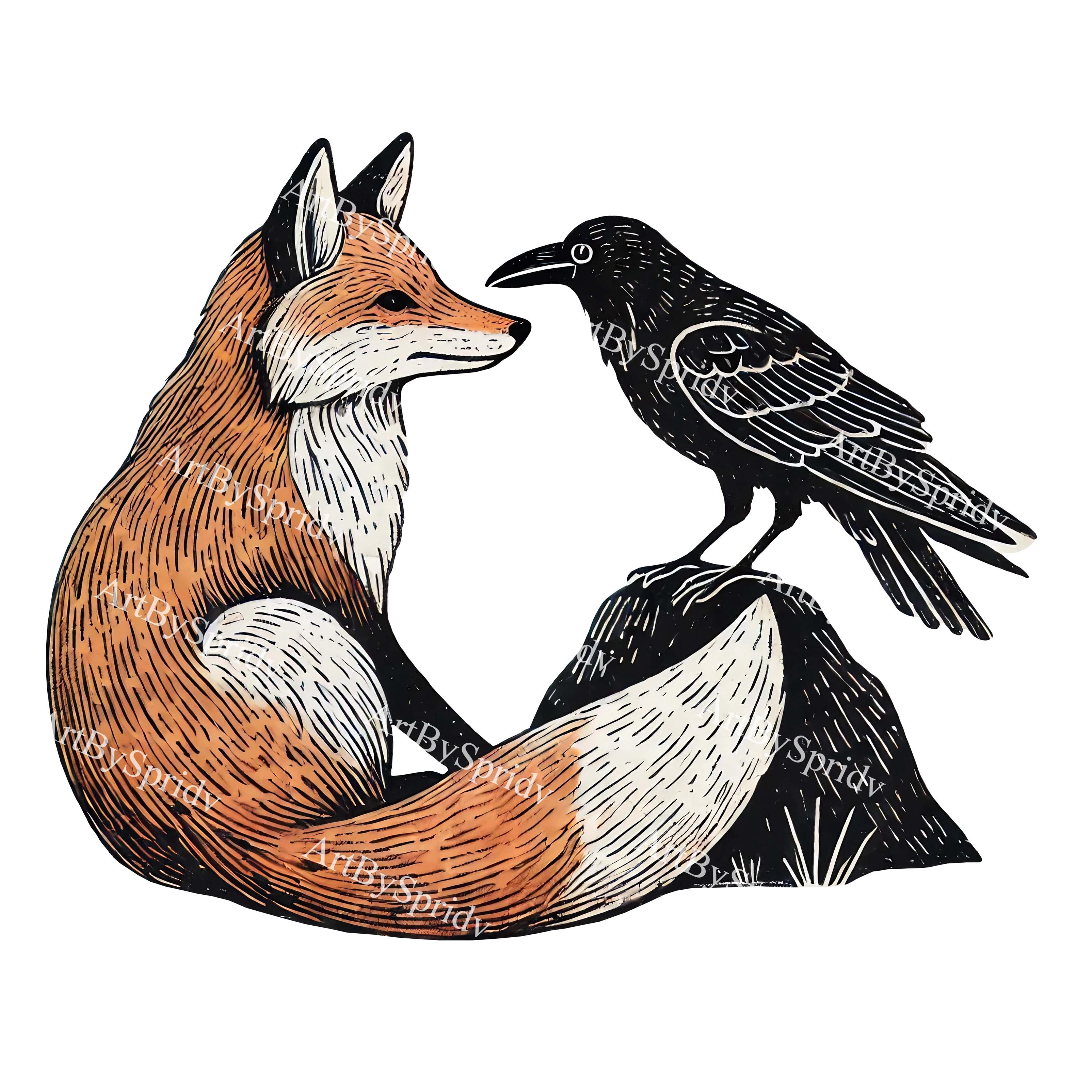Fox & Crow Digital Download PNG Clipart, Hand-drawn Woodland Animal ...