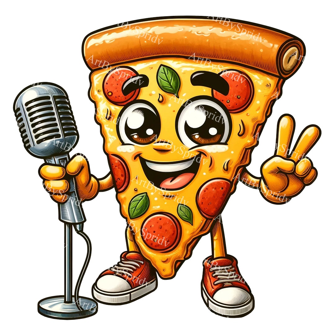 Funny Cartoon Pepperoni Pizza Slice With Microphone Clipart,cute Kawaii Food Illustration,png ...