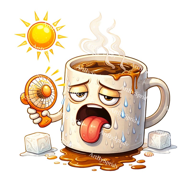 Overheated Coffee Mug PNG, Hot Sweating Cup With Fan, Heatwave Summer ...