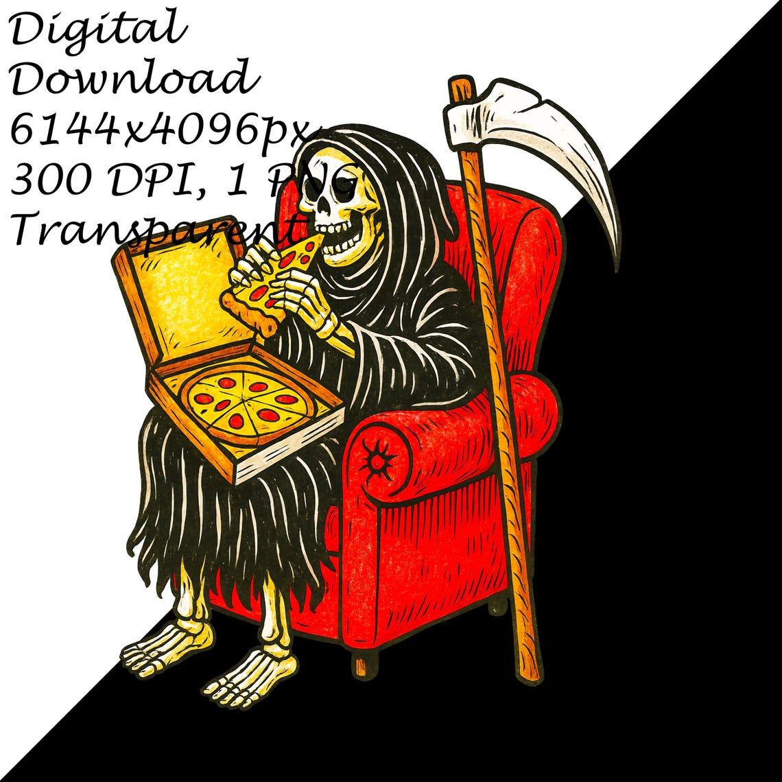 Grim Reaper Eating Pizza Clipart – Funny Skeleton PNG, Dark Humor Grim ...