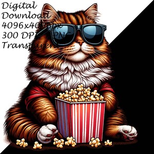 Cute Cat With Sunglasses & Popcorn Box Clipart - Watercolor Digital PNG ...