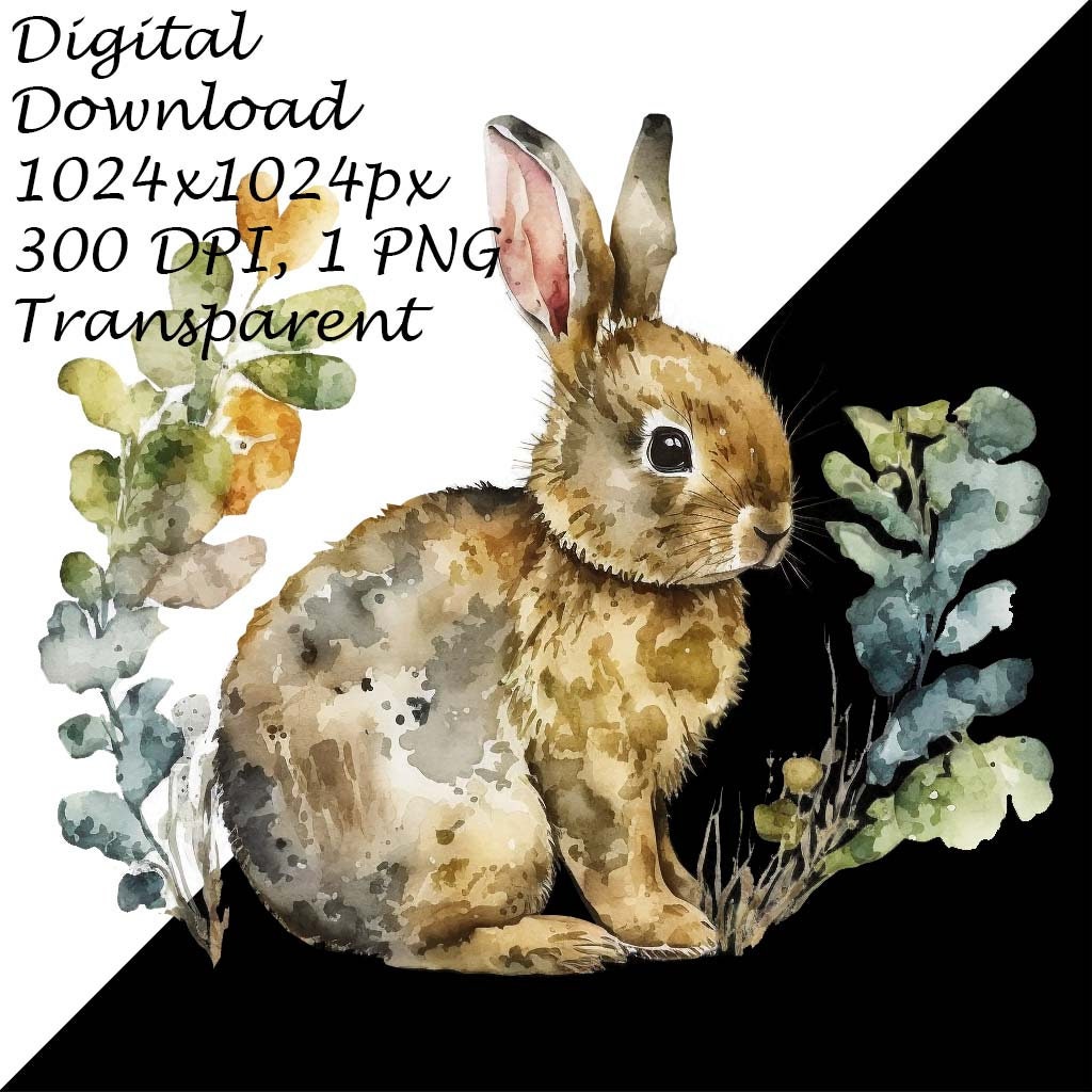 Watercolor Woodland Rabbit PNG Clipart, Charming Bunny With Foliage ...